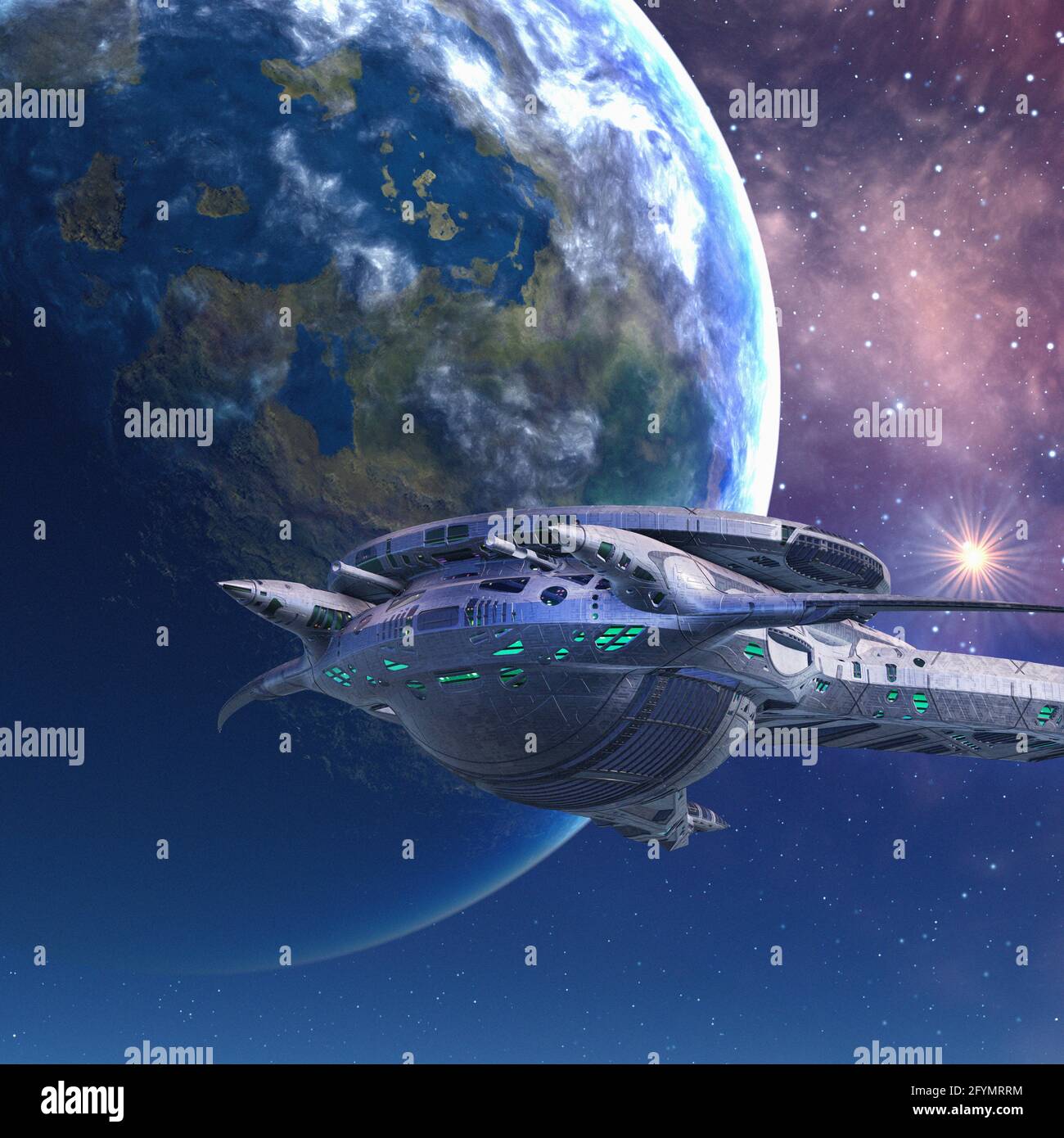 Spaceship orbiting alien planet, illustration Stock Photo - Alamy