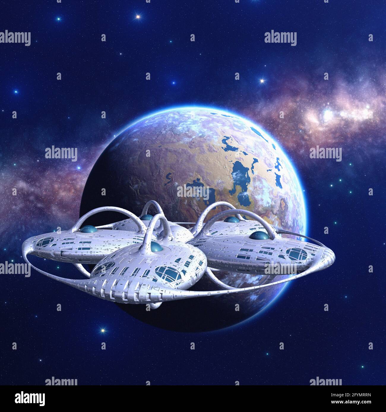 Spaceship orbiting alien planet, illustration Stock Photo - Alamy