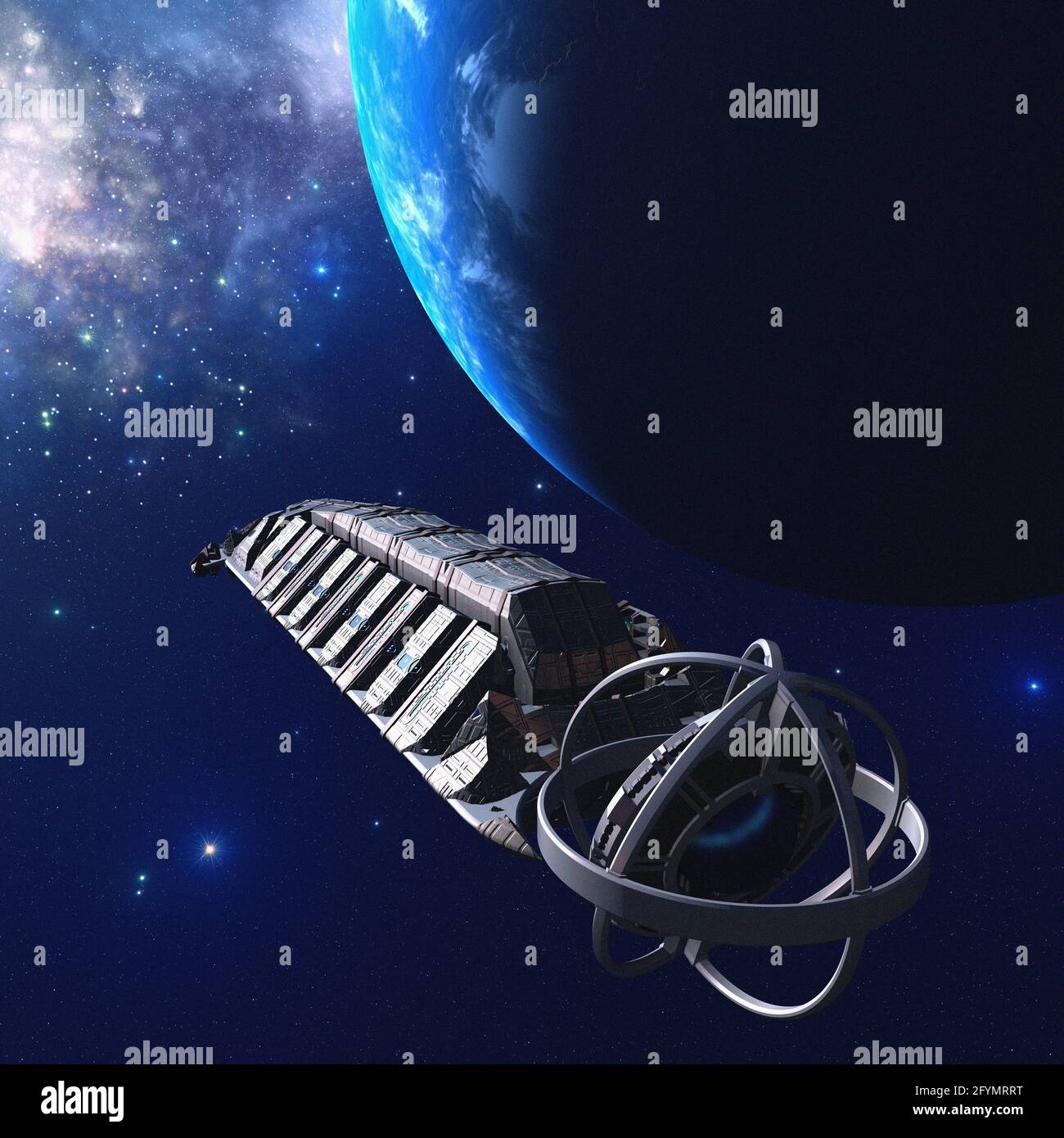 Spaceship orbiting alien planet, illustration Stock Photo - Alamy