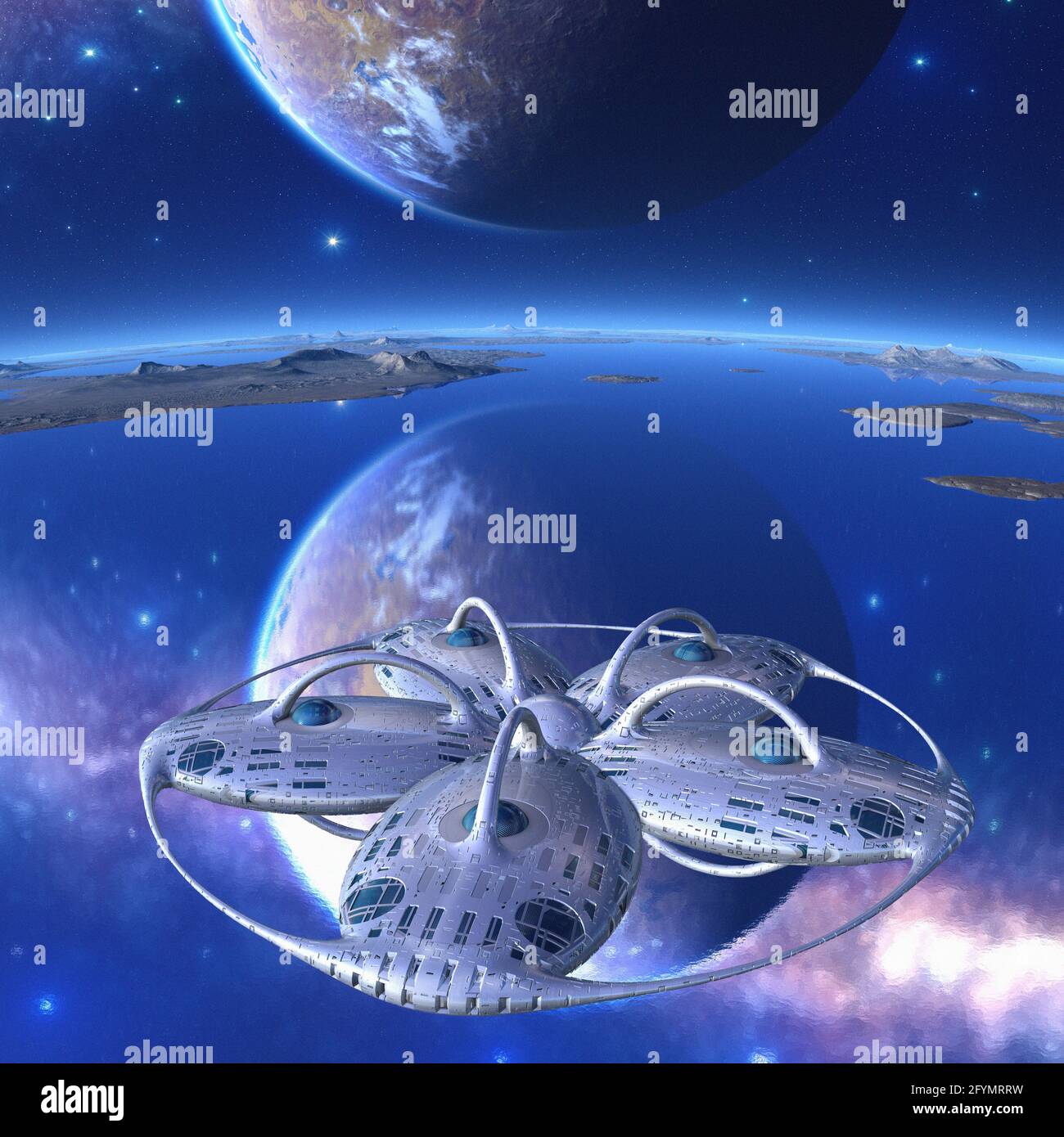 Spaceships over an alien planet, illustration Stock Photo - Alamy