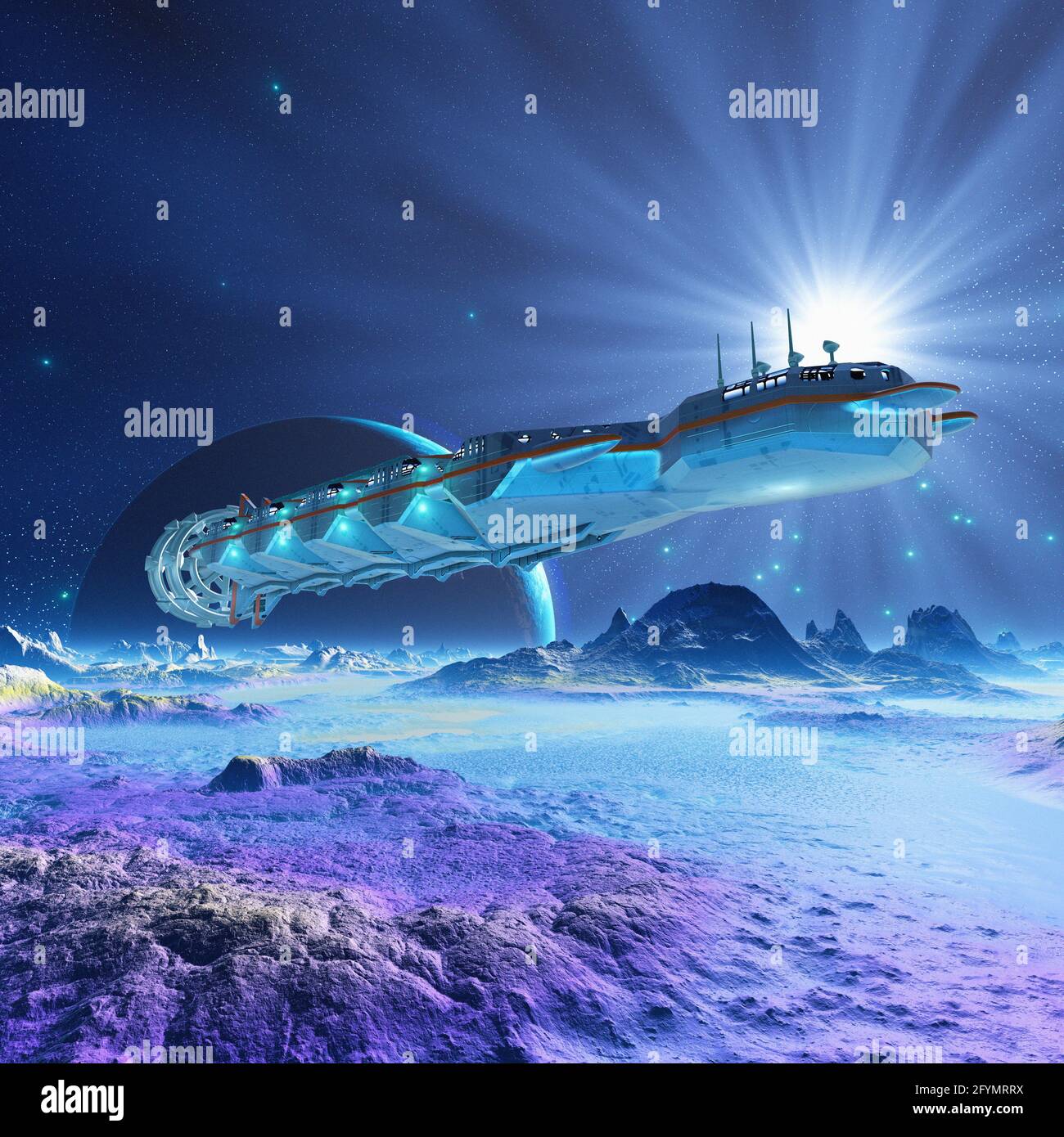 Spaceships over an alien planet, illustration Stock Photo - Alamy