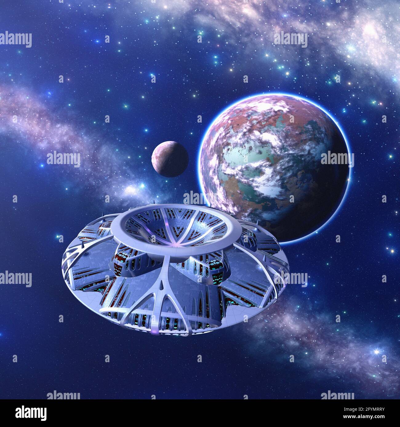 Spaceship orbiting alien planet, illustration Stock Photo - Alamy
