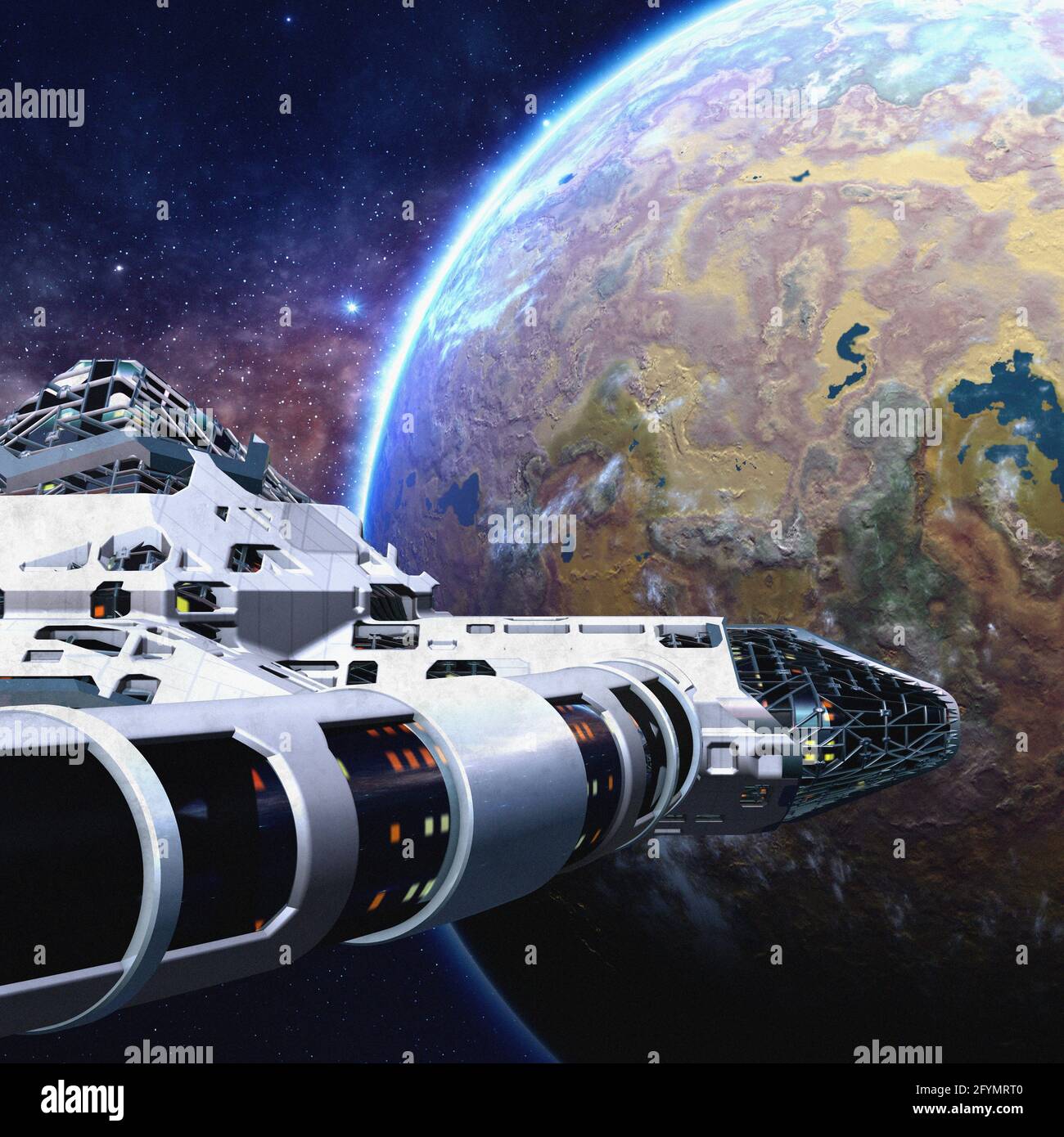 Spaceship orbiting alien planet, illustration Stock Photo - Alamy
