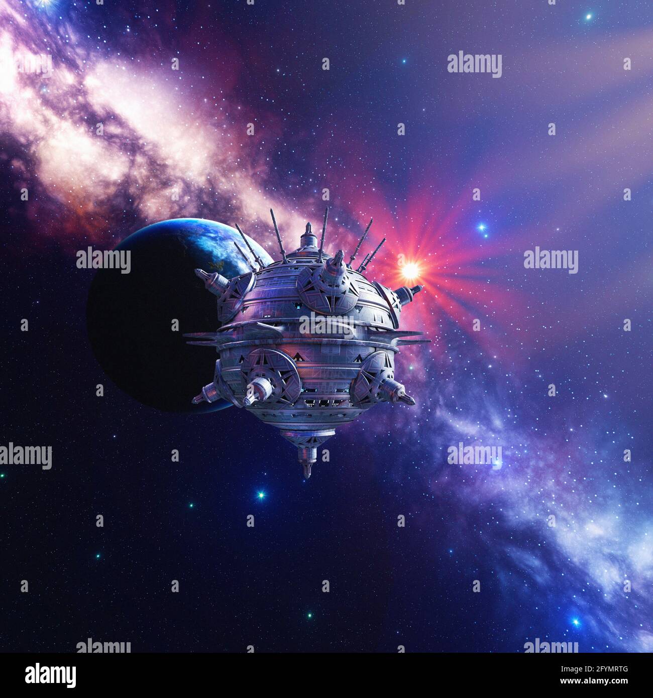 Spaceship orbiting alien planet, illustration Stock Photo - Alamy