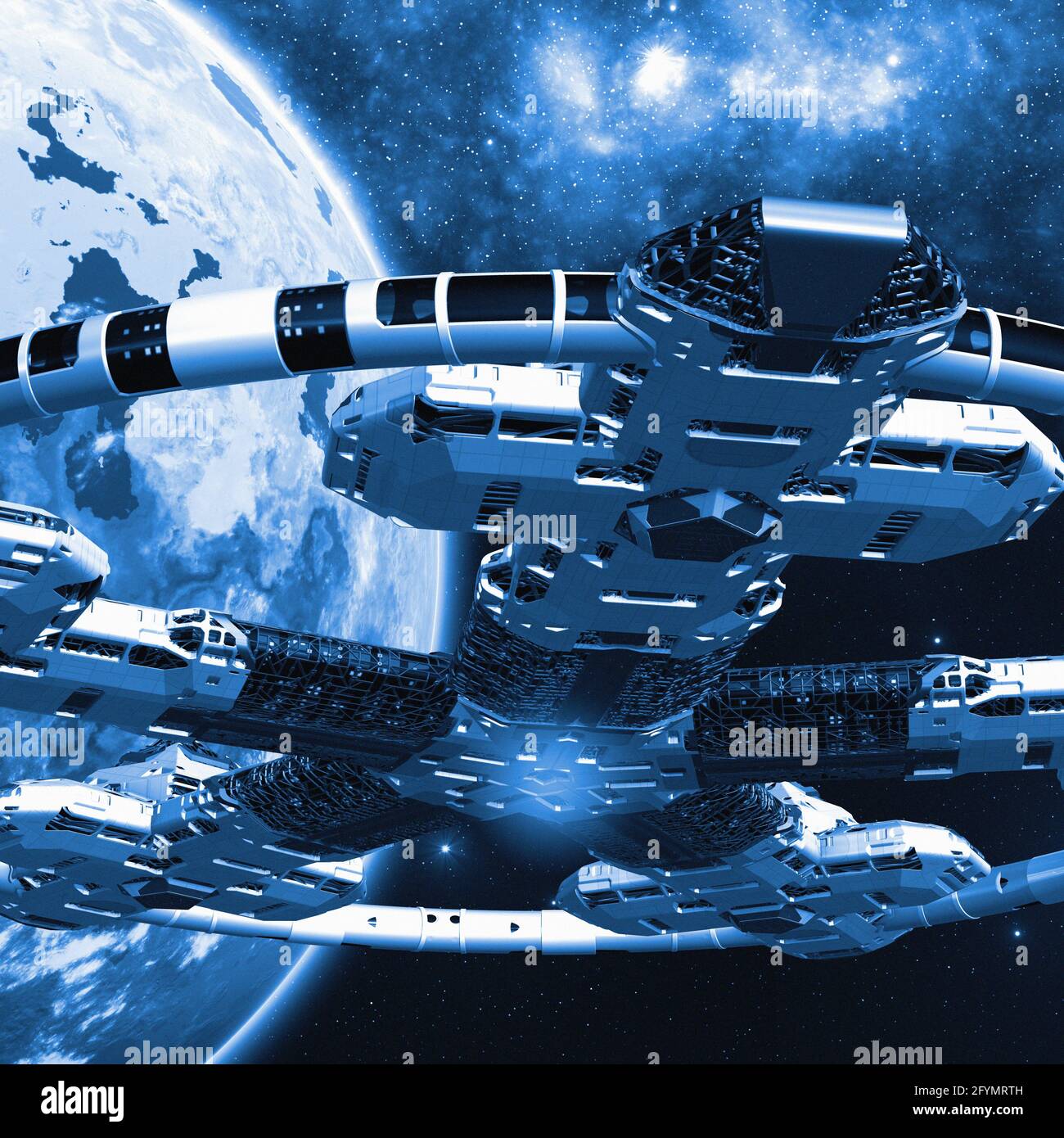 Spaceship orbiting alien planet, illustration Stock Photo - Alamy