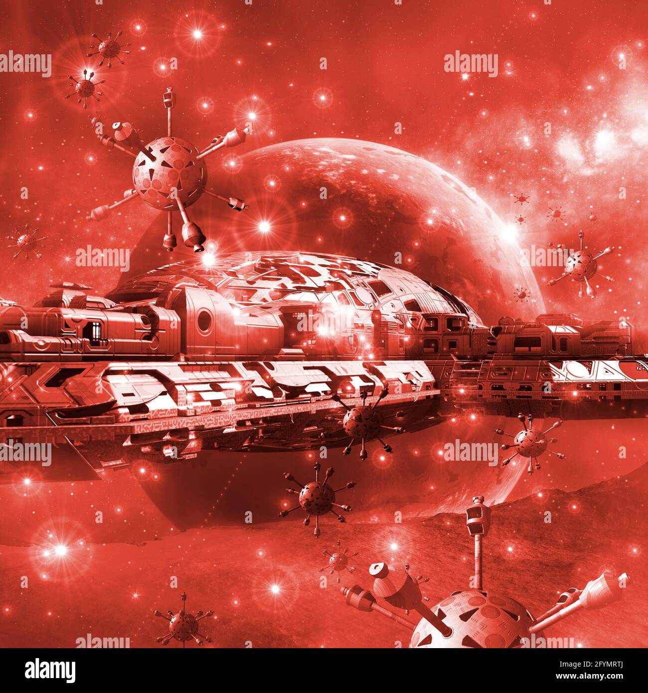 Spaceship orbiting alien planet, illustration Stock Photo - Alamy