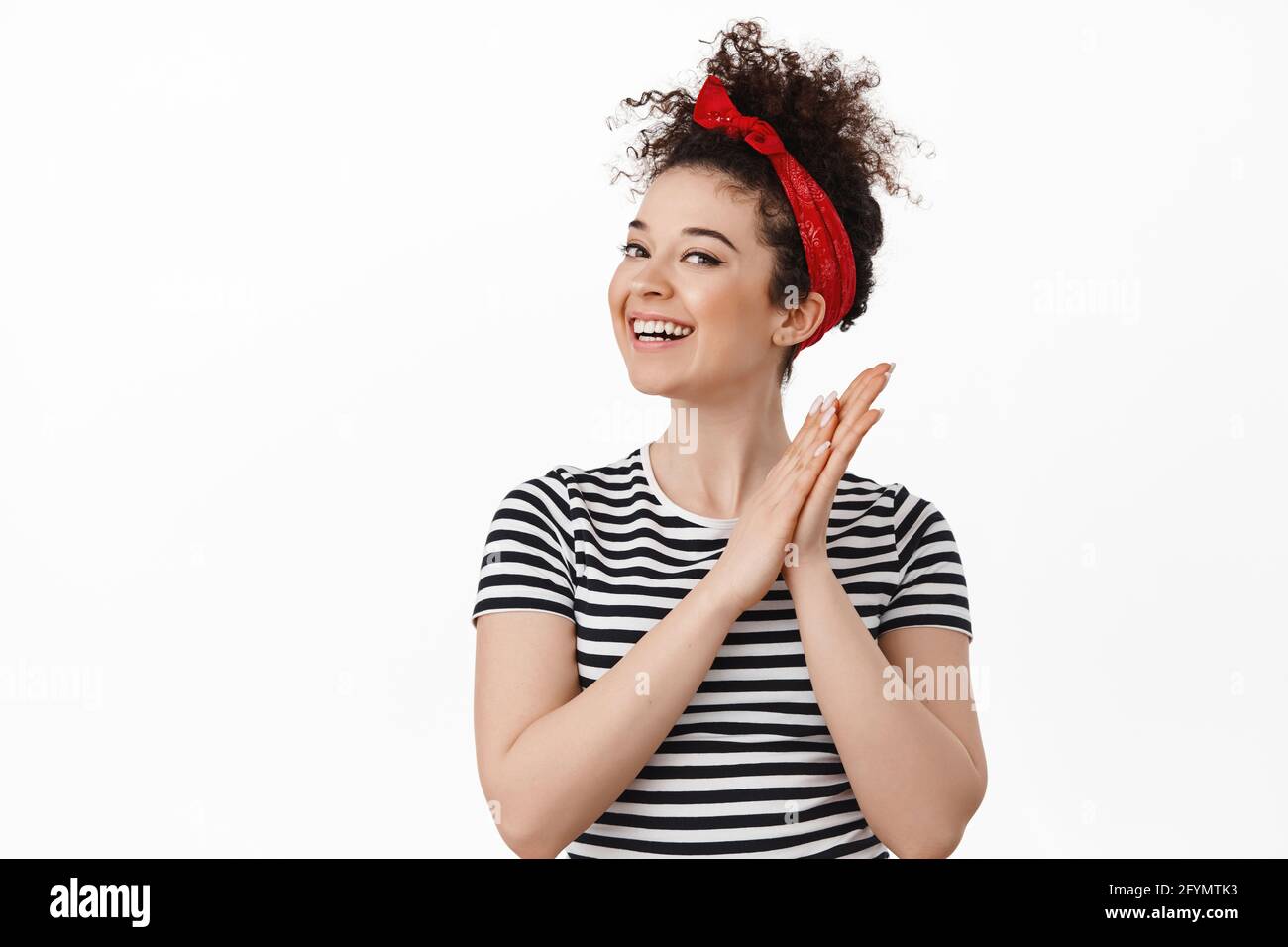 Lets get to business. Smiling determined woman rub hands and look ...