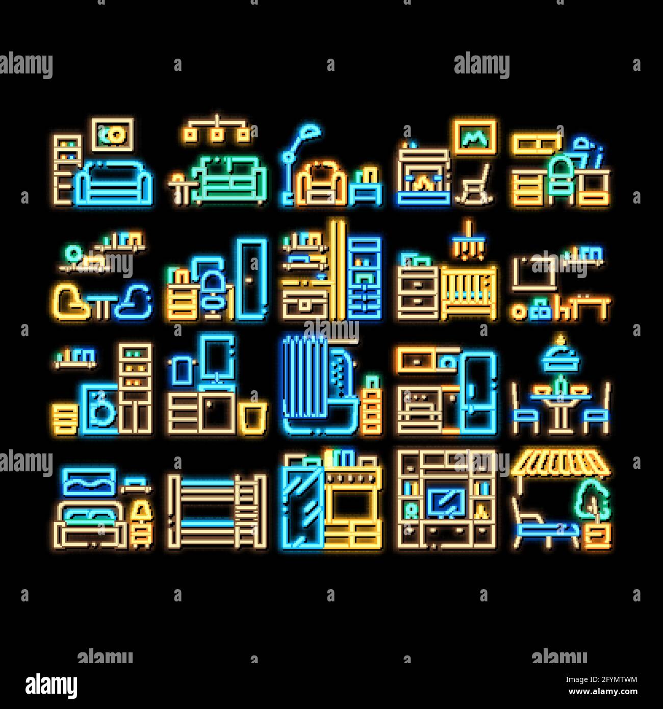 Home Rooms Furniture neon glow icon illustration Stock Vector Image ...