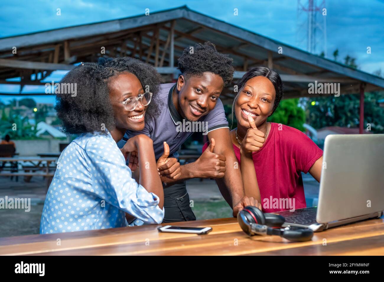 Friends using laptop computer Stock Photo - Alamy