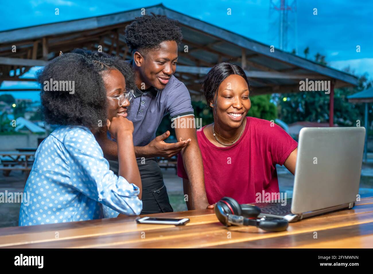 Friends using laptop computer Stock Photo - Alamy