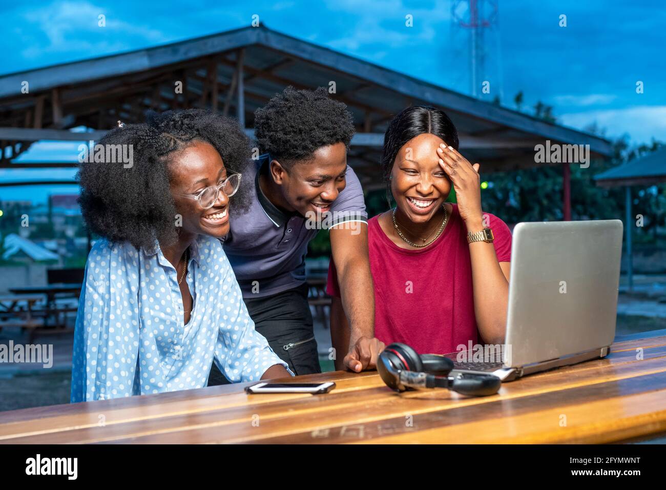 Friends using laptop computer Stock Photo - Alamy