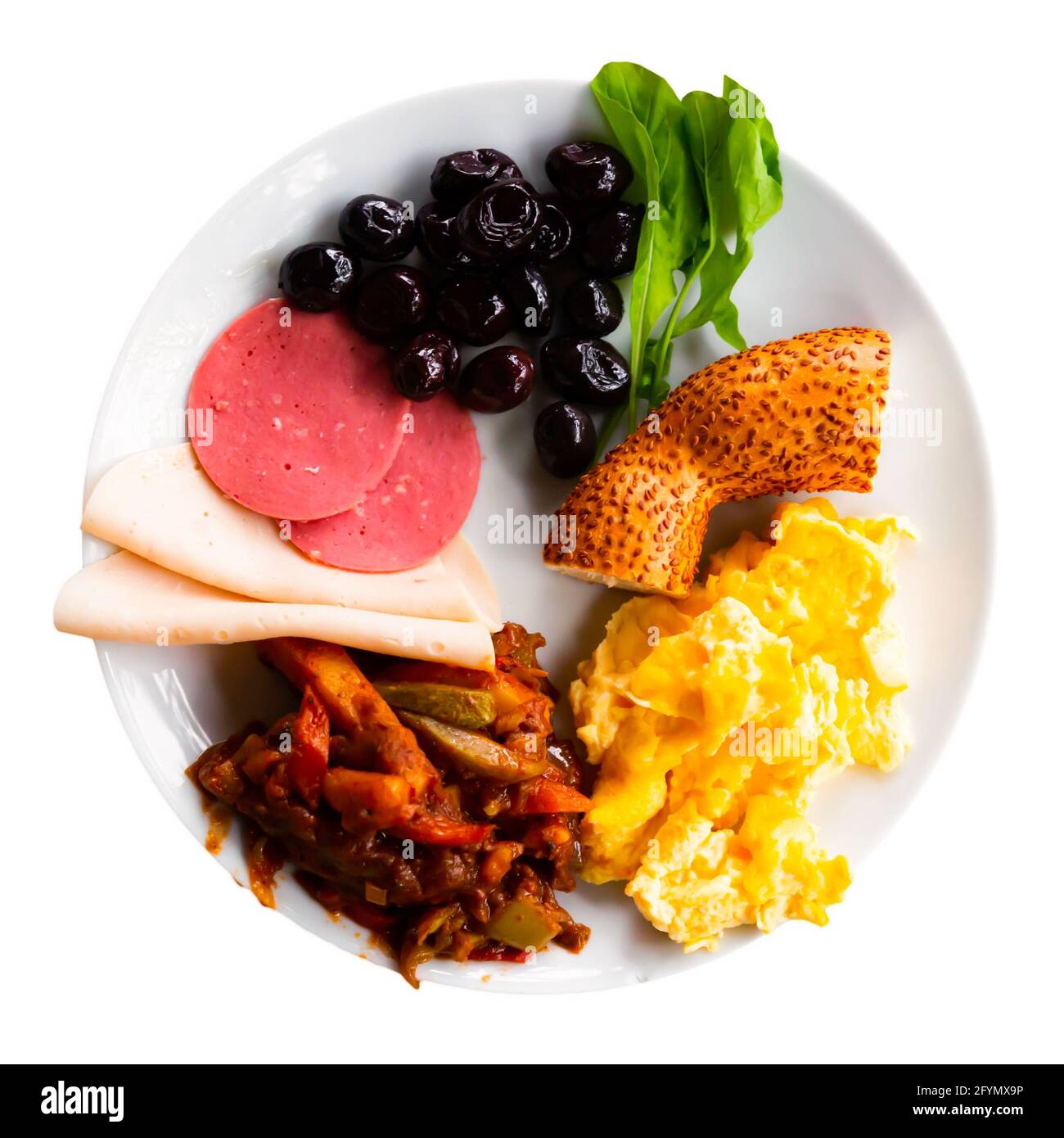 Halal breakfast l of a delicious omelet, smoked sausage, cheese, lecho ...
