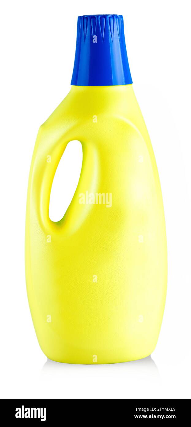 yellow plastic bottle with household chemicals on a white background ...