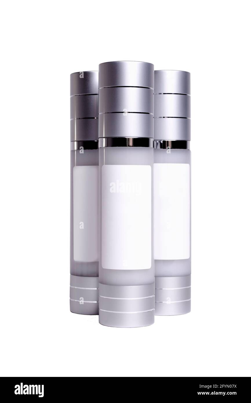 three grey bottles without a logo on a white background Stock Photo - Alamy