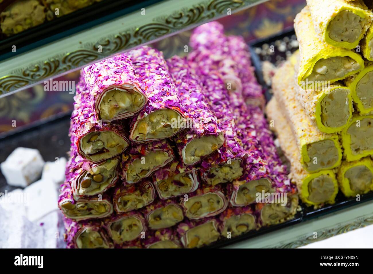 Turkish delight of various varieties on showcase. Turkish delight Stock ...