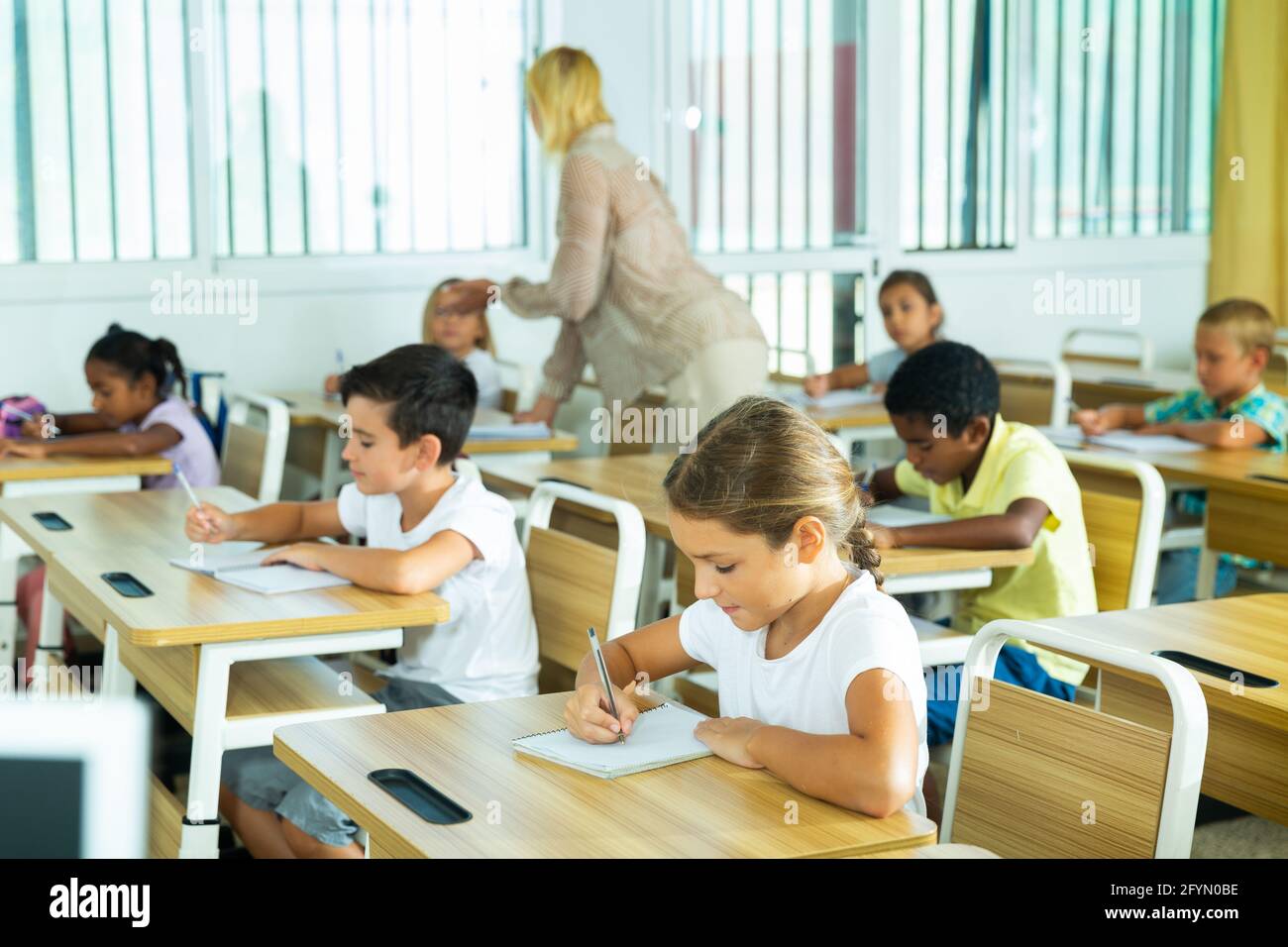 Group of focused pupils sitting at classroom working at class with ...