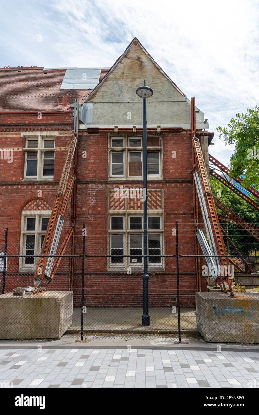Detail of a historic building after 2011 earthquake, secured from ...