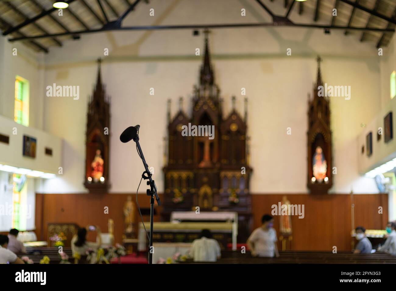 microphone in blurred church background. voice of church Stock Photo ...