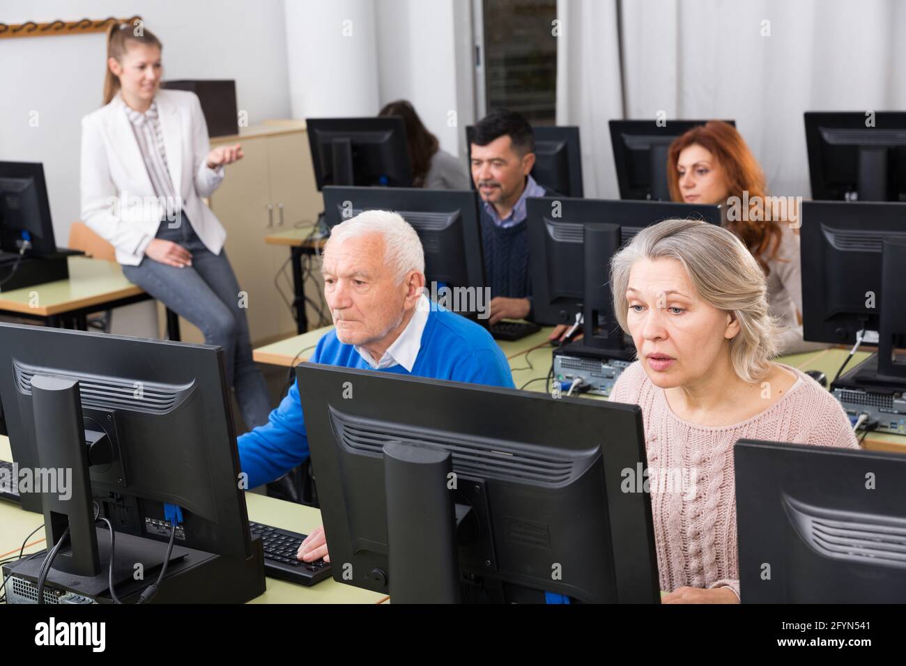 Portrait of modern elderly people working on computers with young ...
