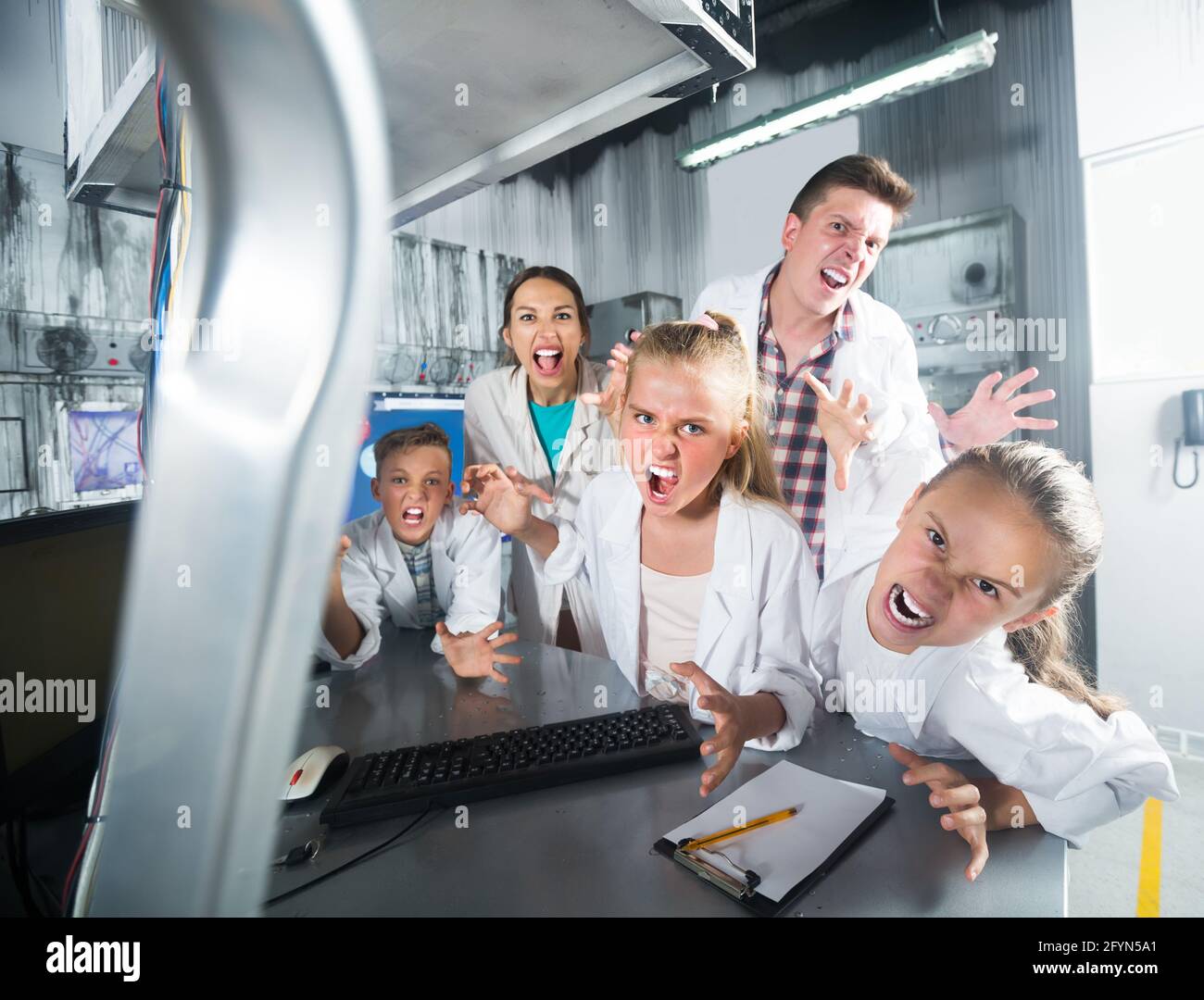 Family with kids are depisting madness in the escape room stylized ...