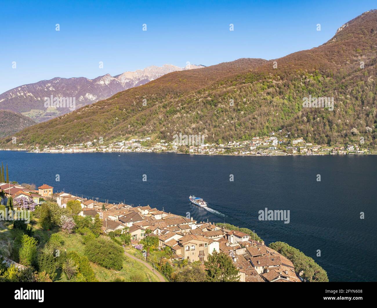 The picturesque village of Morcote in Ticino at the Lake Lugano is one ...