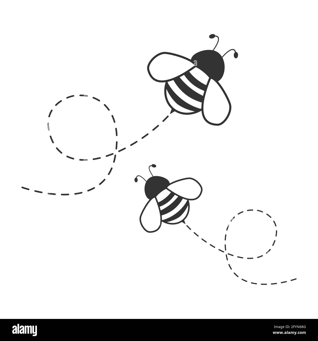 Cute bees with dotted line route set. Vector illustration isolated on ...