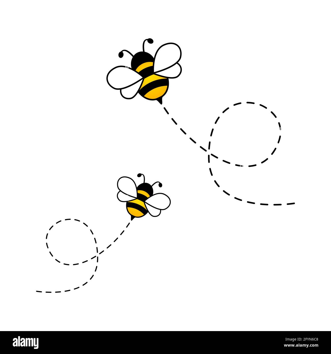 Cute bees with dotted line route set. Vector illustration isolated on ...