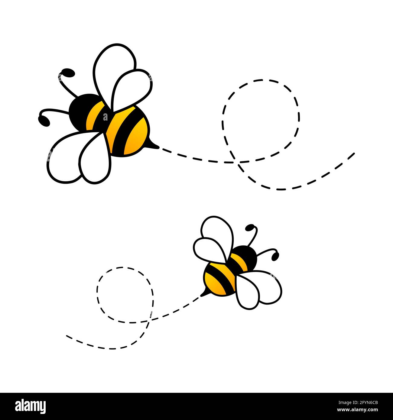Cute bees with dotted line route set. Vector illustration isolated on ...
