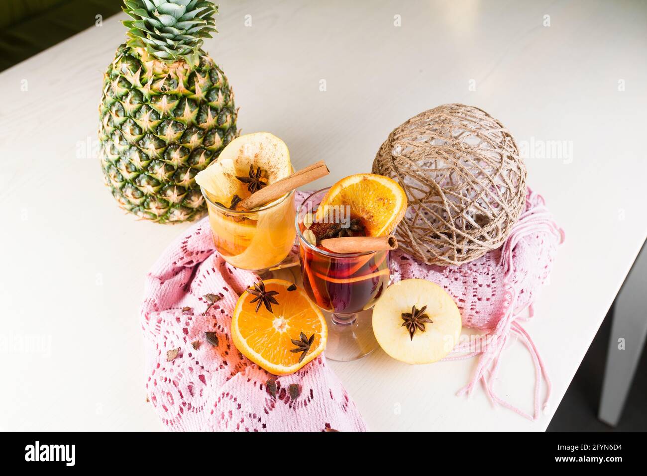 Mulled wine, grog and punch hot alcohol drinks on the table with ...