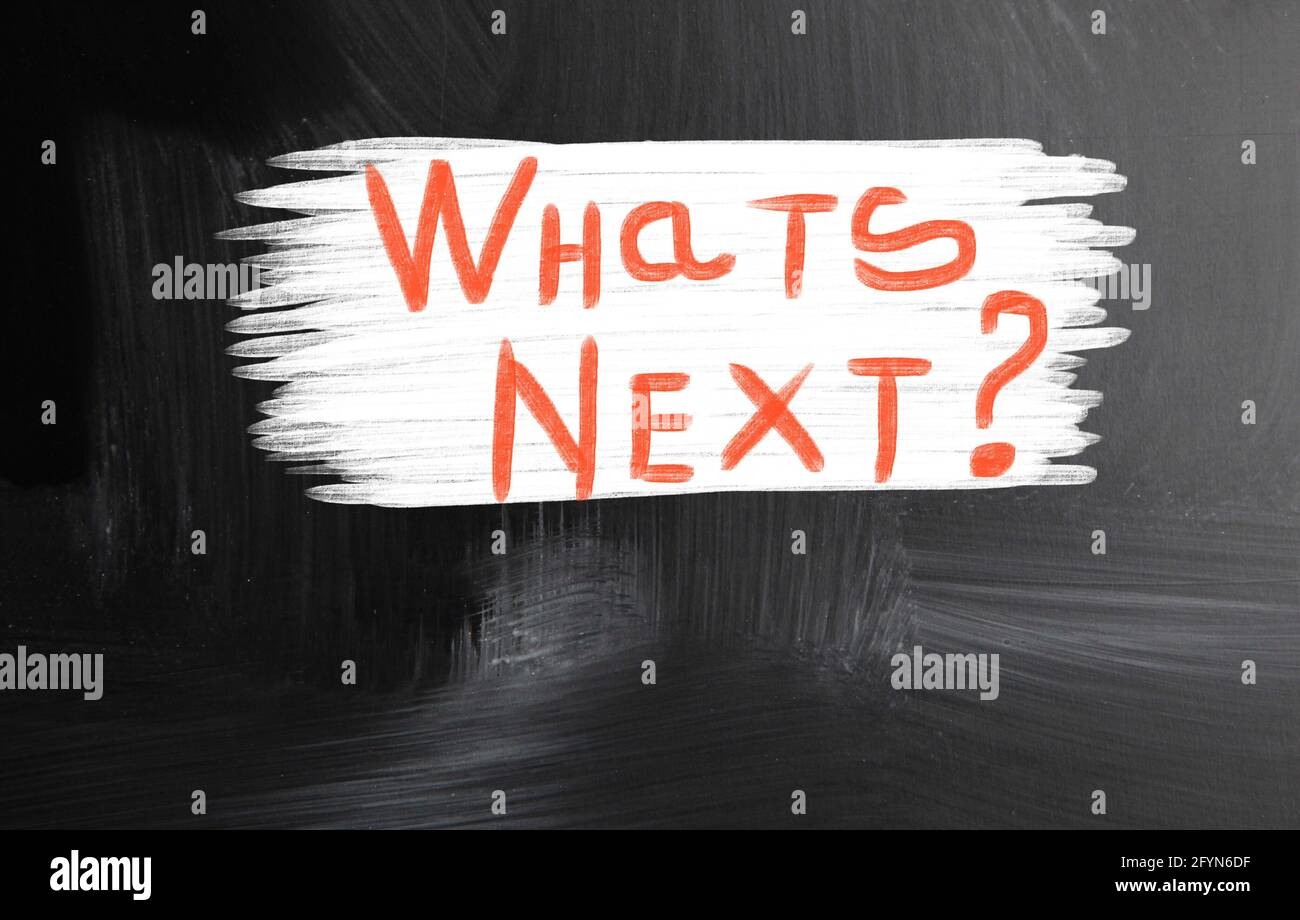 Closeup shot of a red text "What is next?" on white background on a ...