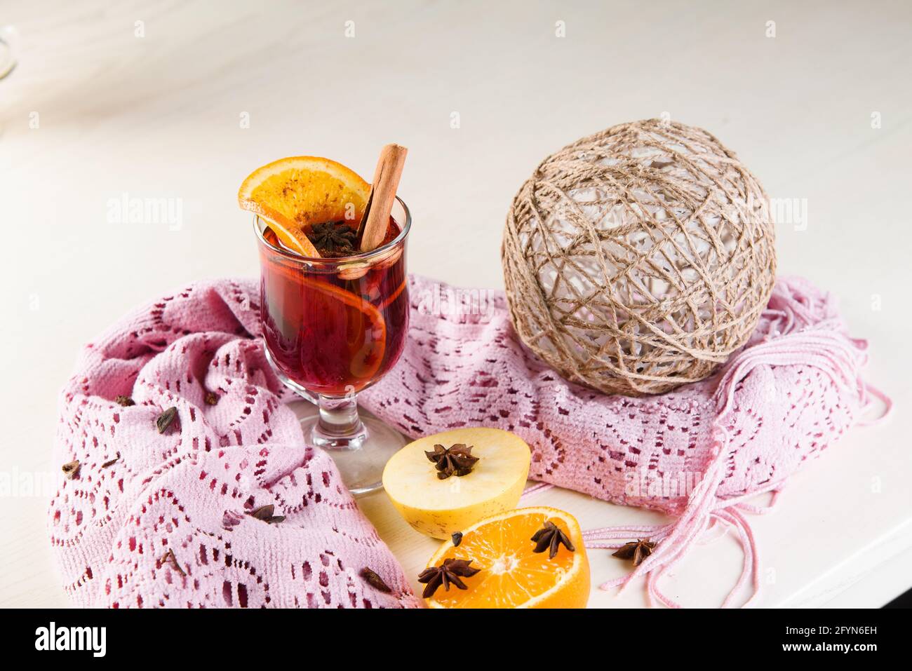 Mulled wine, grog and punch hot alcohol drinks on the table with ...