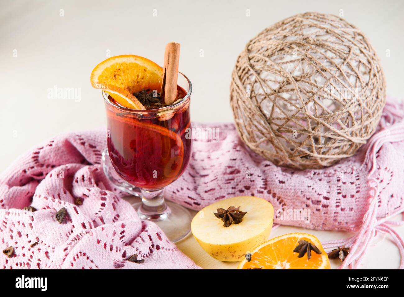 Mulled wine, grog and punch hot alcohol drinks on the table with ...