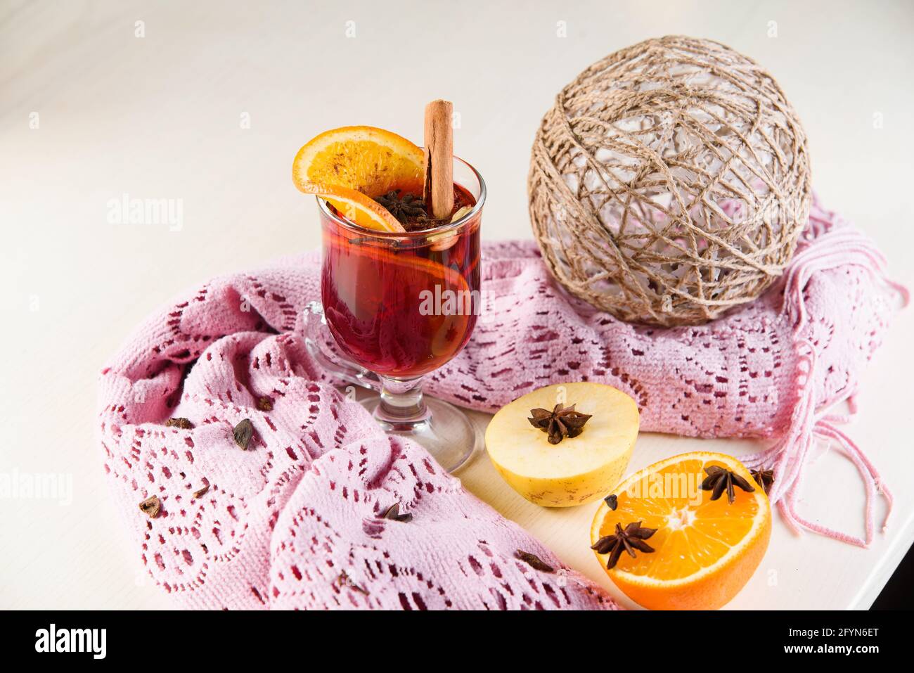 Mulled wine, grog and punch hot alcohol drinks on the table with ...