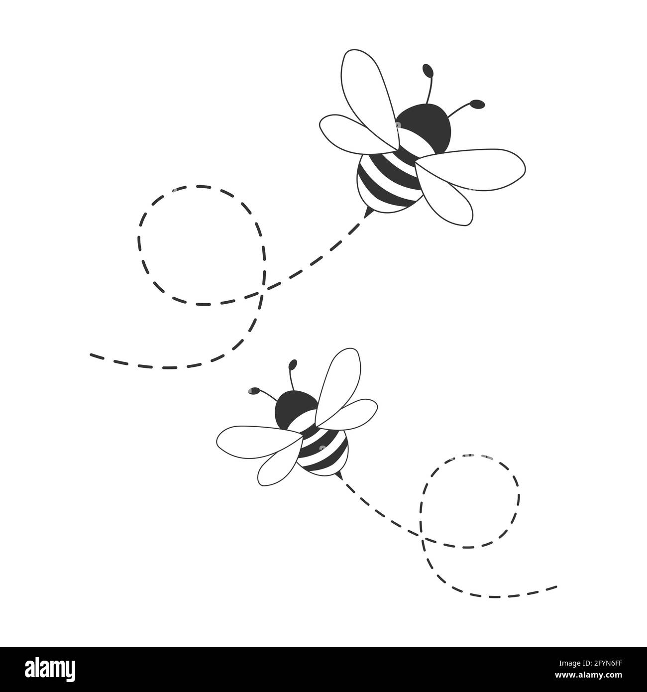 Cute bees with dotted line route set. Vector illustration isolated on ...