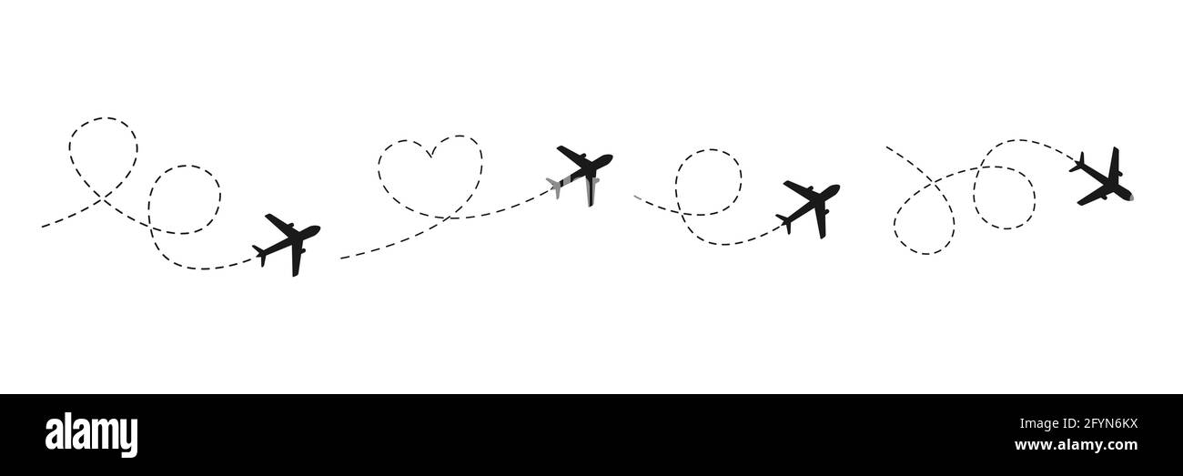Airplane line path icon set. Vector illustration of air plane flight ...