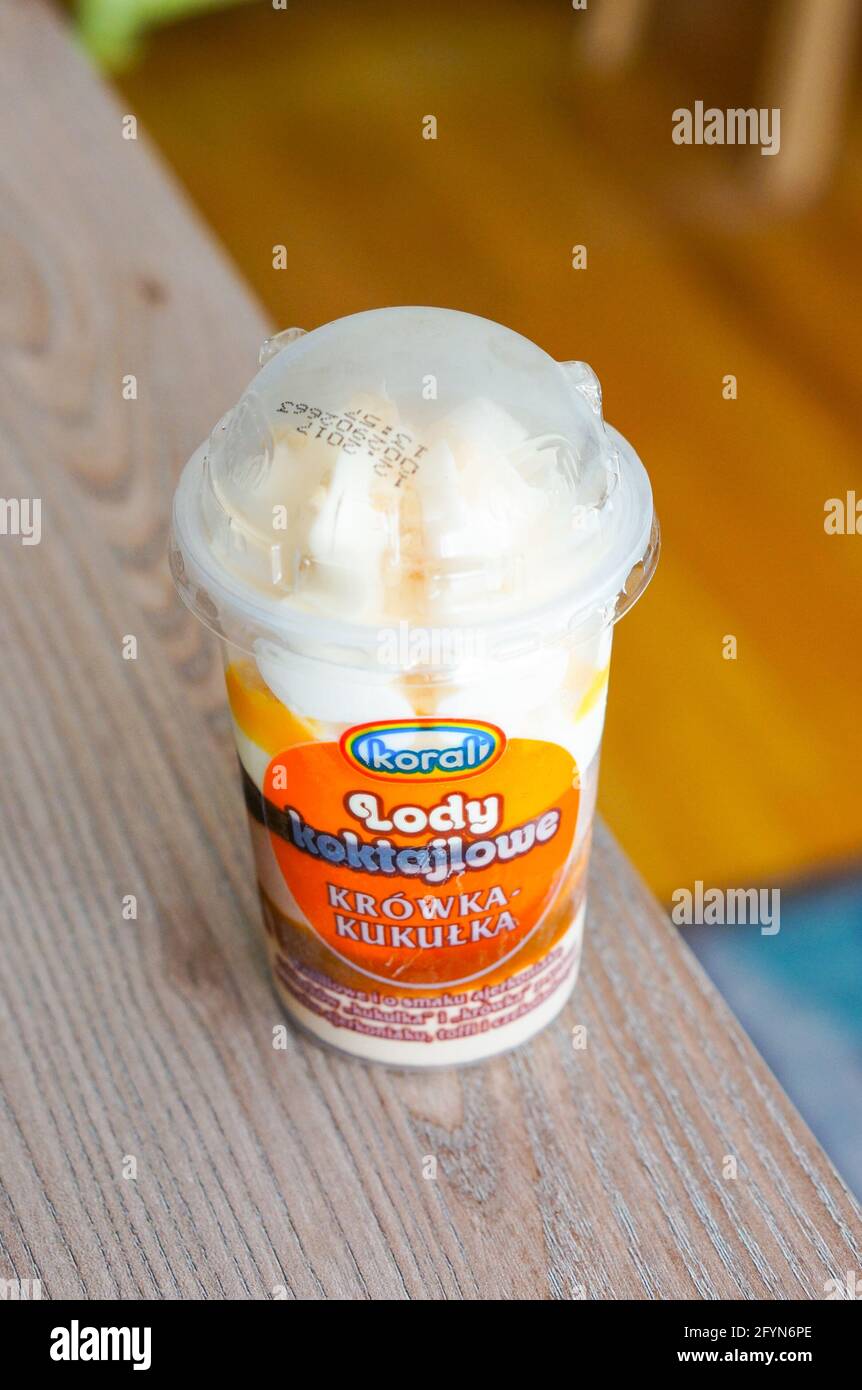 POZNAN, POLAND - Apr 05, 2016: Koral ice cream dessert in a plastic cup ...