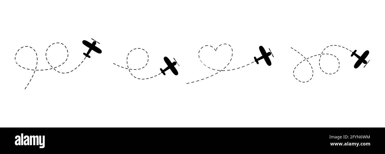 Airplane line path icon set. Vector illustration of air plane flight ...