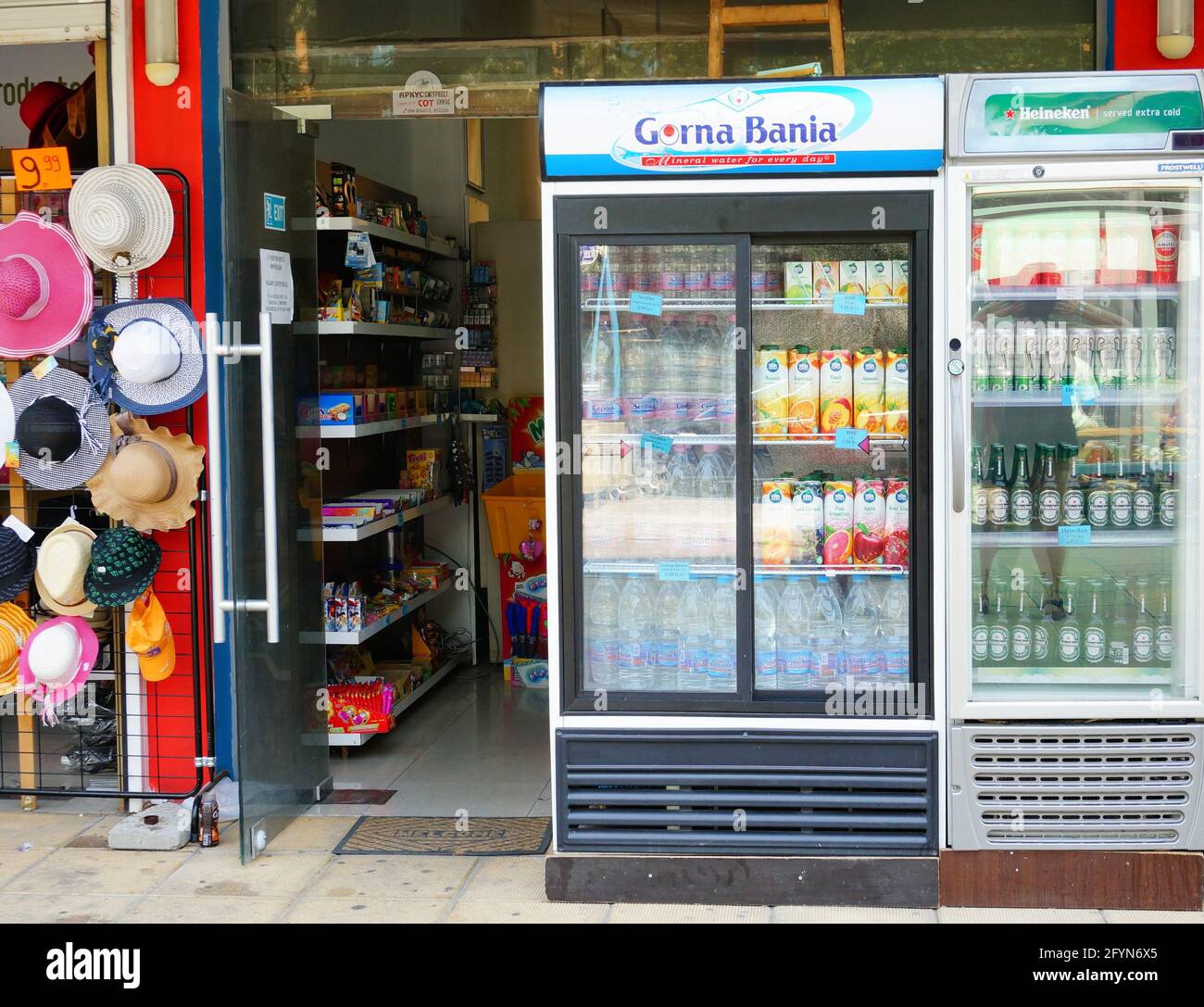 SUNNY BEACH, BULGARIA - Jan 26, 2014: Small store with food and drinks ...