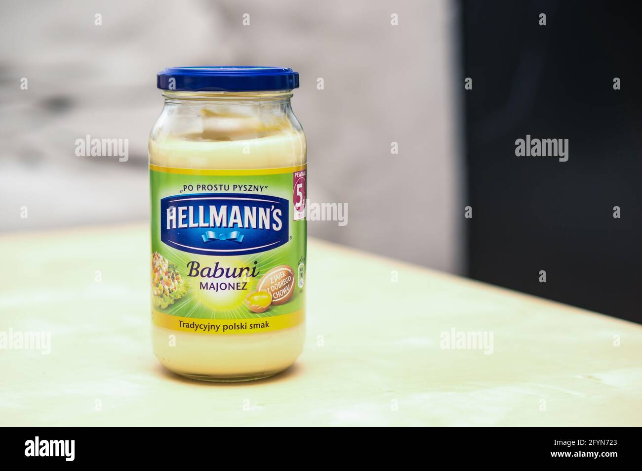 POZNAN, POLAND - Apr 08, 2016: Hellmann's Babuni mayonnaise in a glass ...
