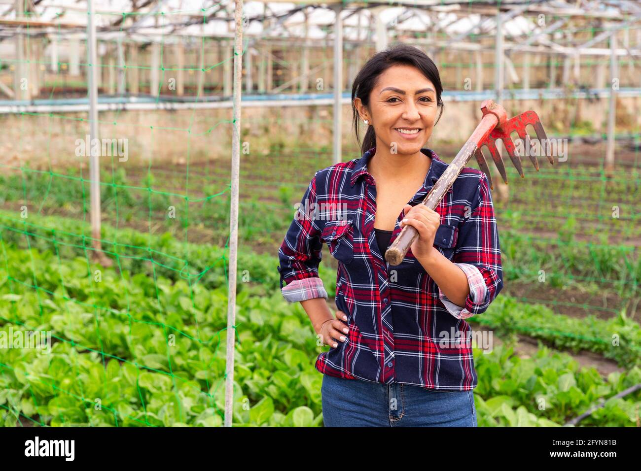 Female farmer with rake on a farm field Stock Photo - Alamy