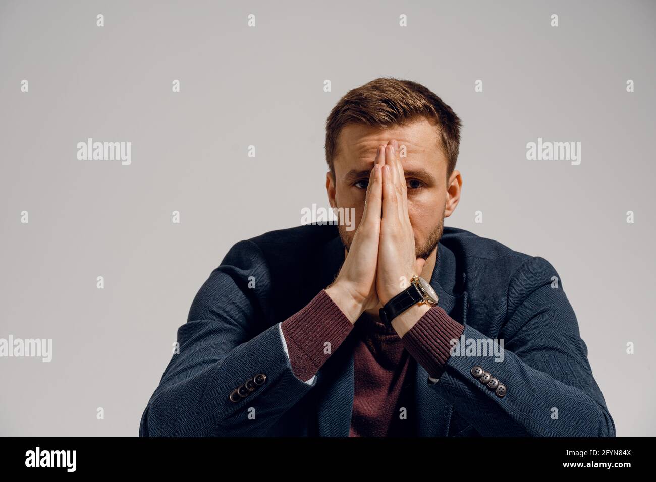 Sad man fell depression and stressed on white background. Emotional ...