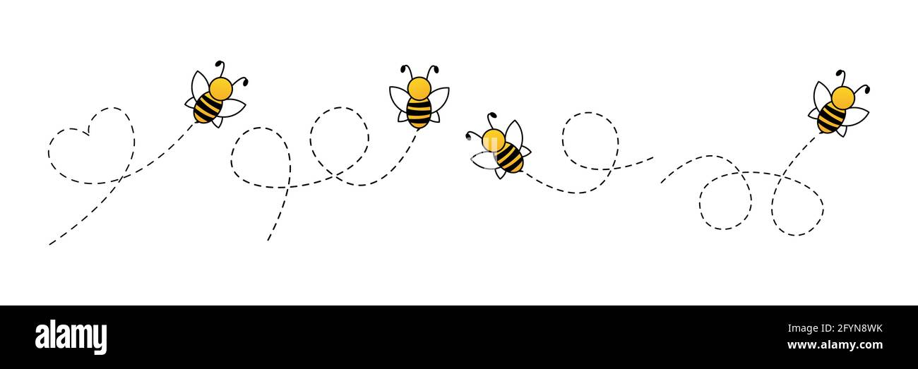 Cute bees with dotted line route set. Vector illustration isolated on ...