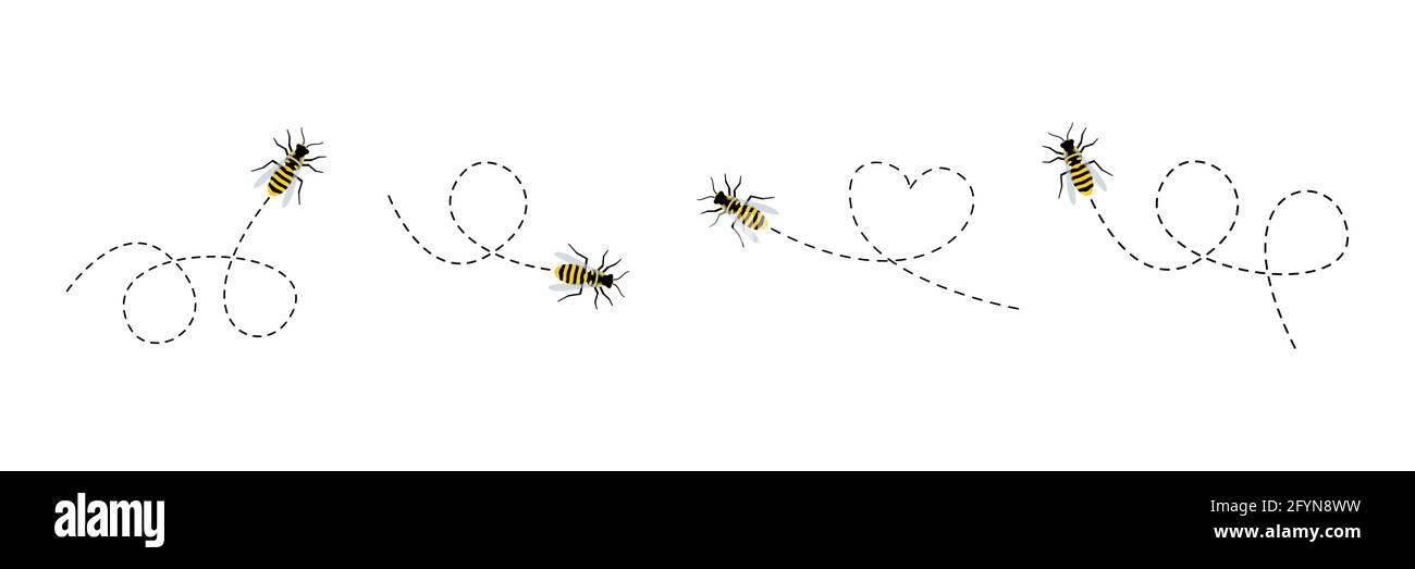 Cute bees with dotted line route set. Vector illustration isolated on ...
