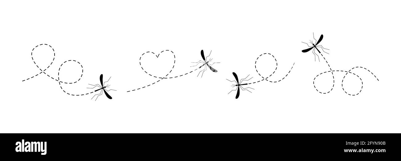 Mosquito icon set. Mosquitoes flying on a dotted route. Vector ...