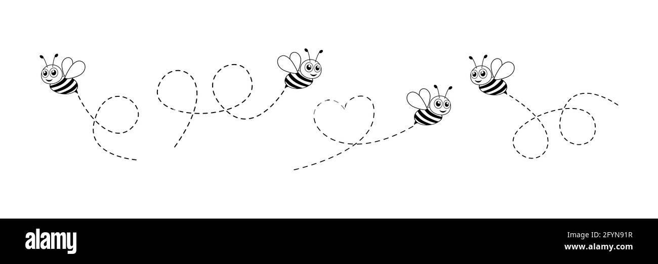 Cute bees with dotted line route set. Vector illustration isolated on ...