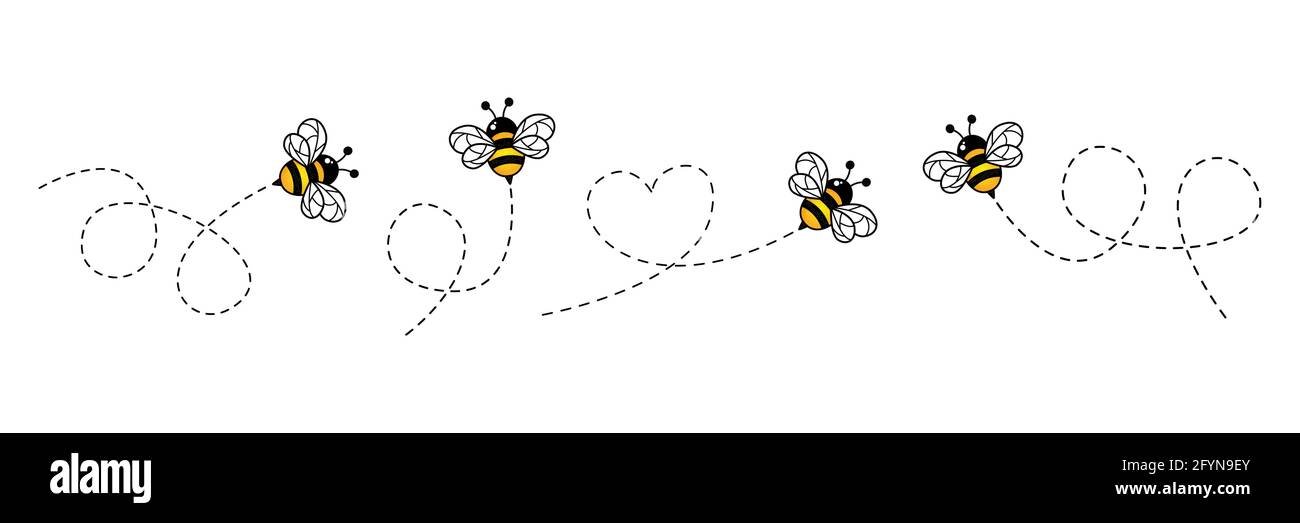 Cute bees with dotted line route set. Vector illustration isolated on ...