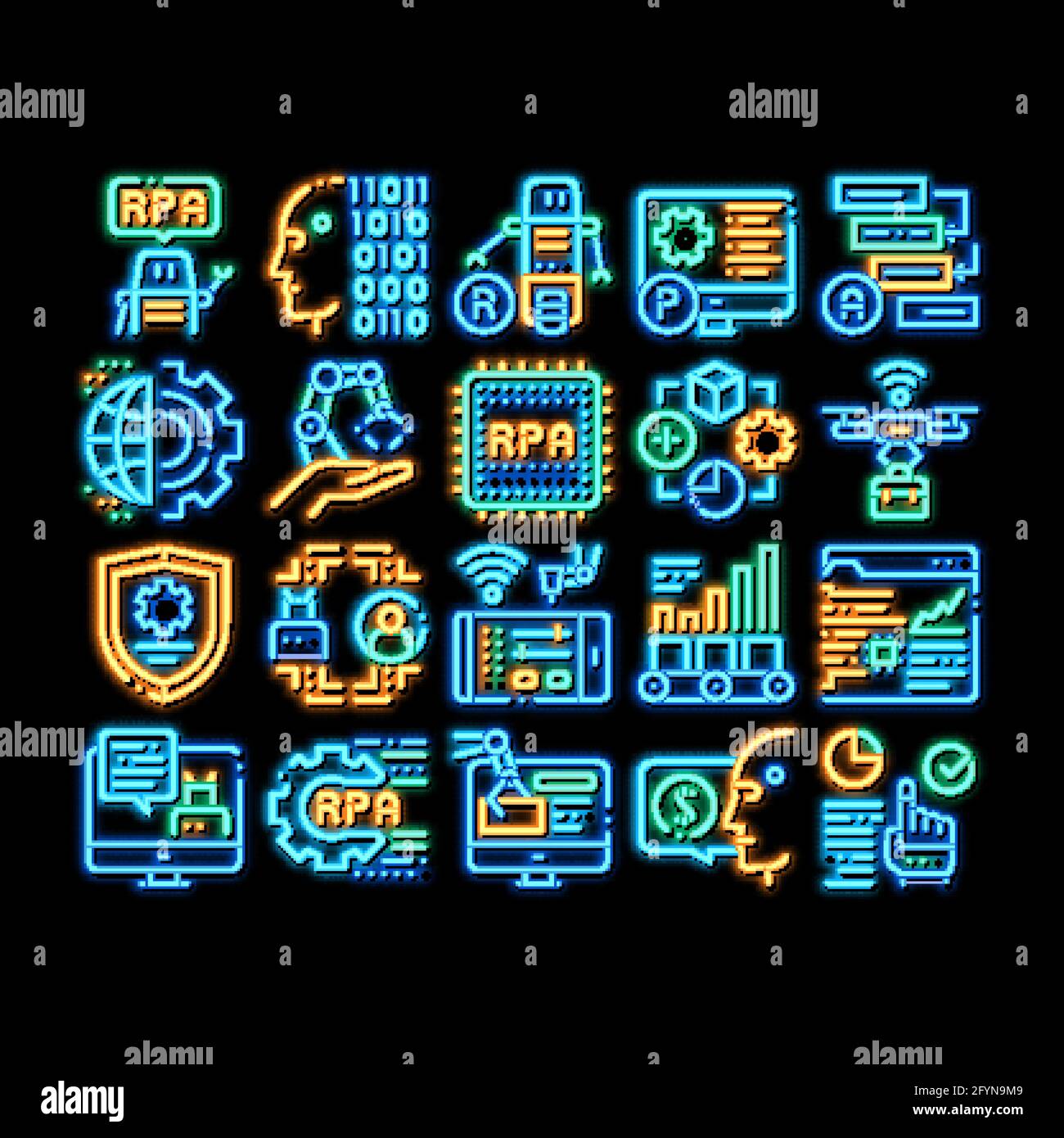 Rpa Robotic Process Automation neon glow icon illustration Stock Vector ...
