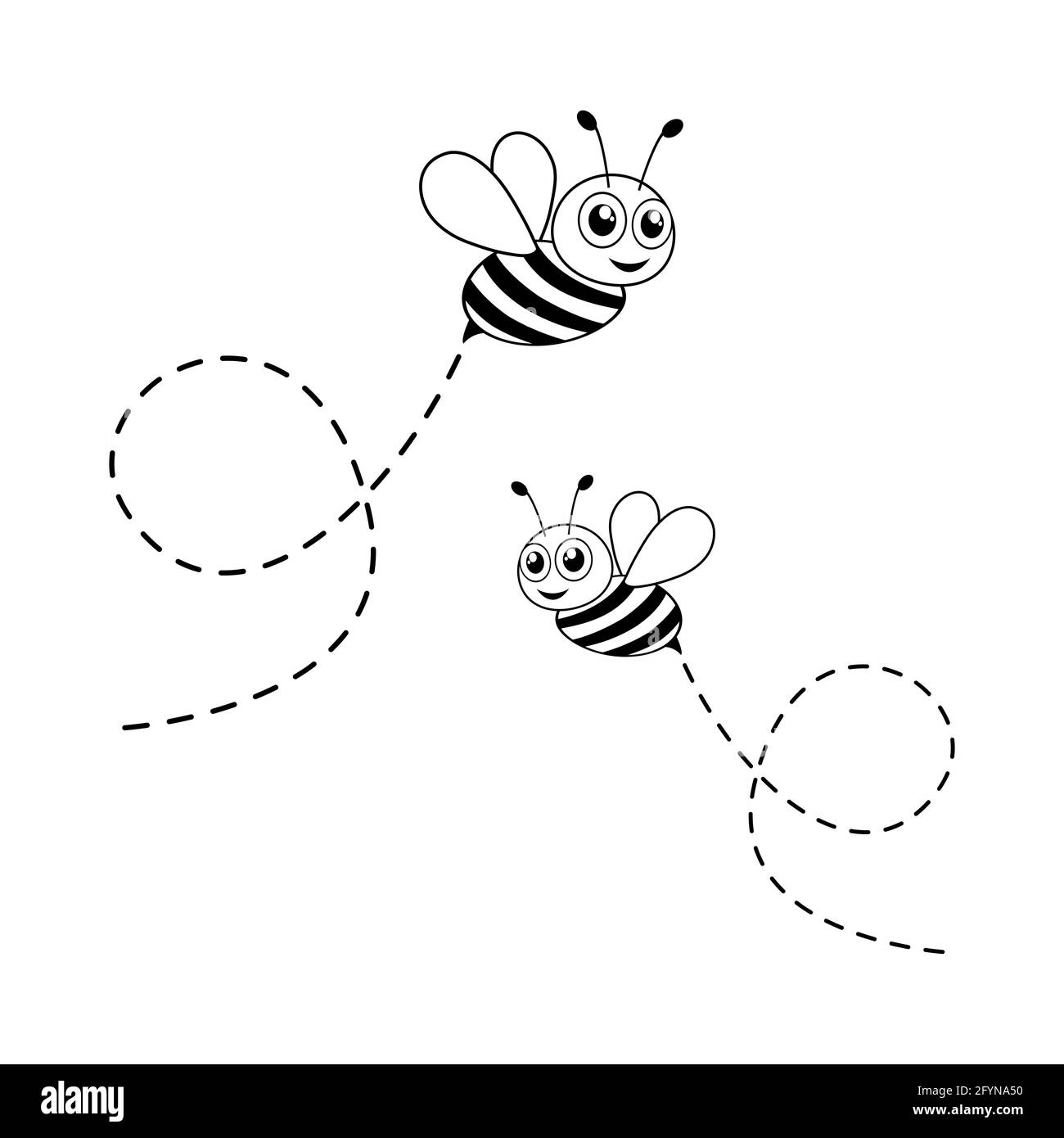 Cute bees with dotted line route set. Vector illustration isolated on ...