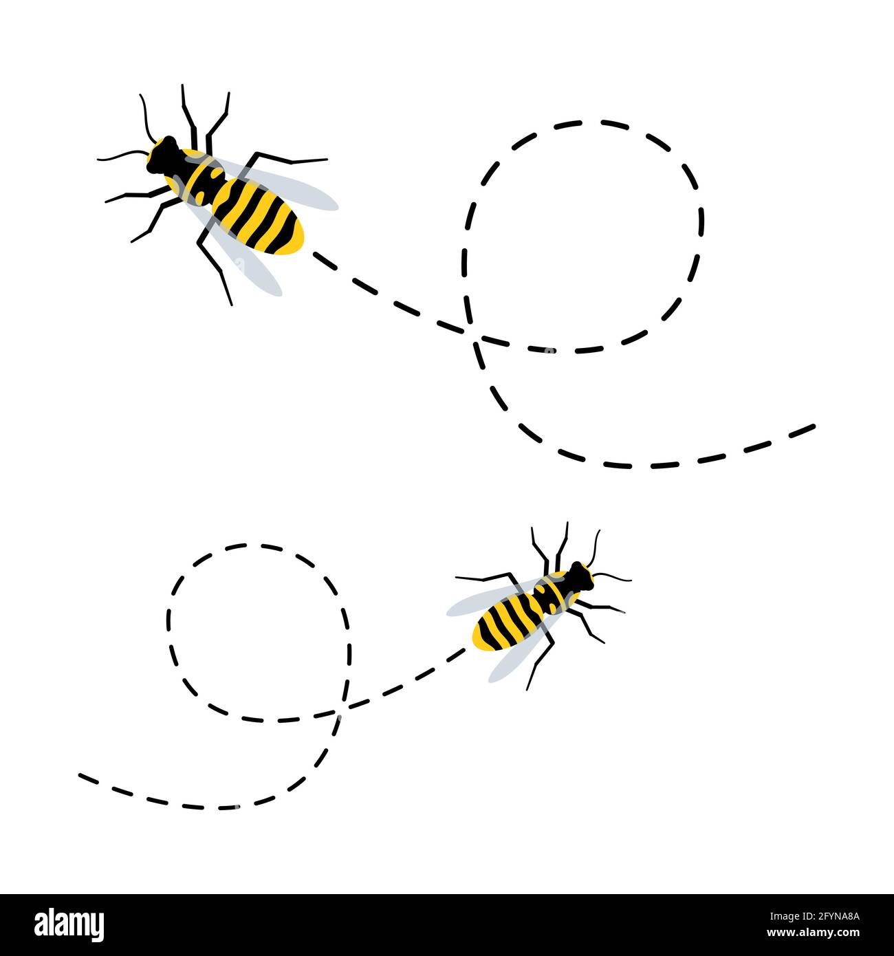 Cute bees with dotted line route set. Vector illustration isolated on ...