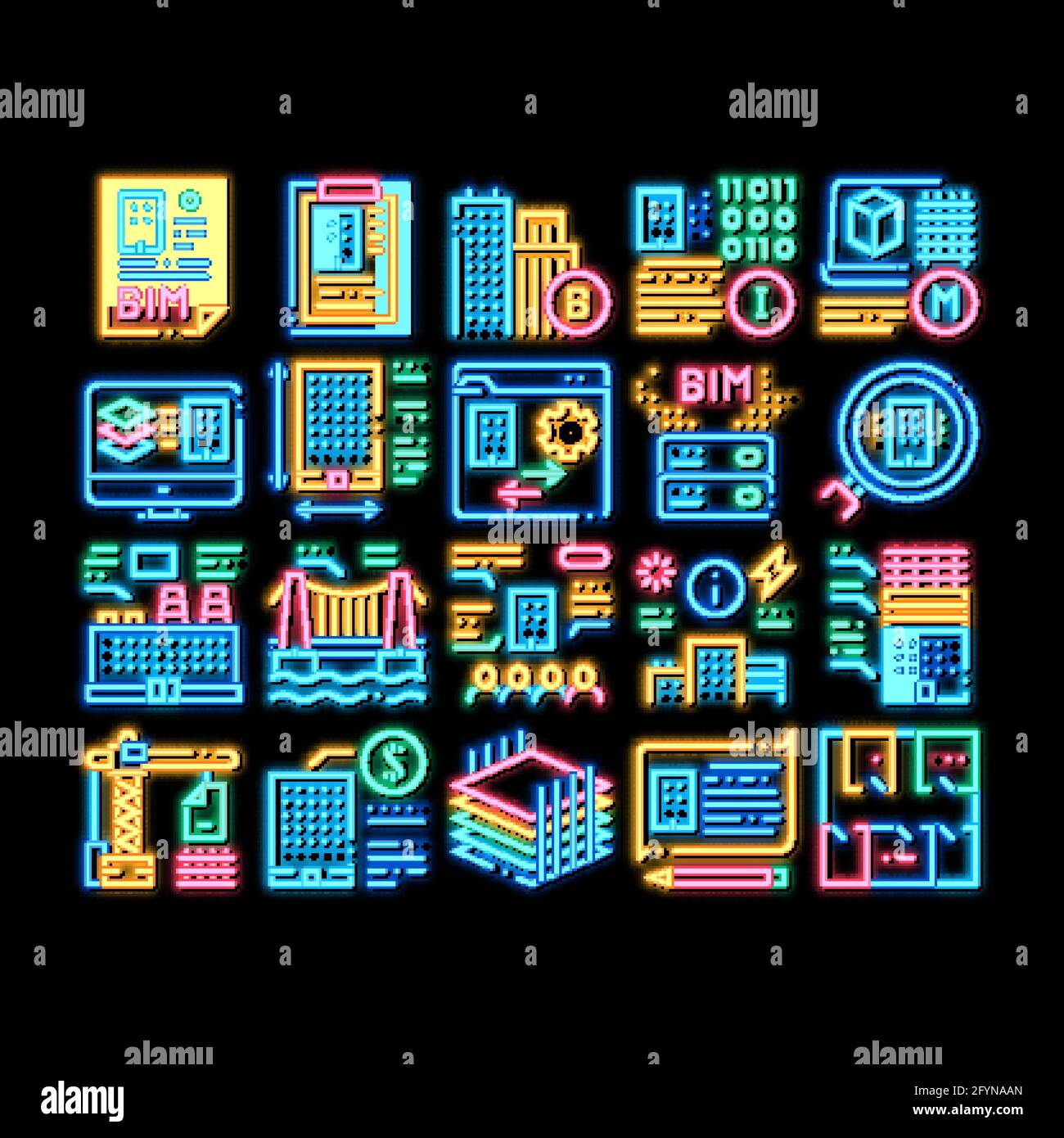 Bim Building Information Modeling neon glow icon illustration Stock ...